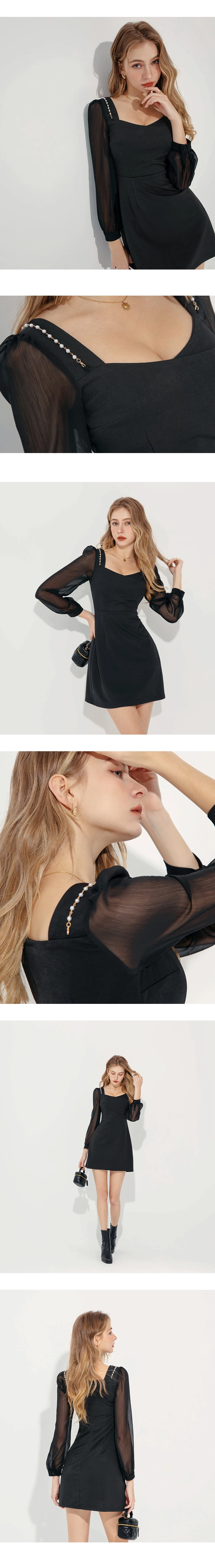 Sheer Mesh Lantern Sleeve Mini Dress With Pearl Chain Strap - AIR SPACE