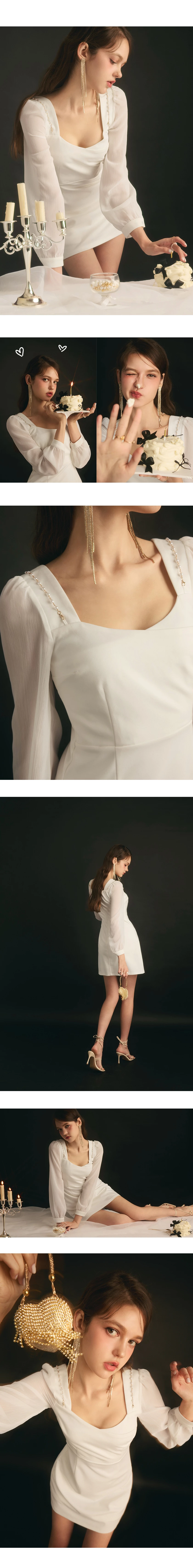 Sheer Mesh Lantern Sleeve Mini Dress With Pearl Chain Strap - AIR SPACE