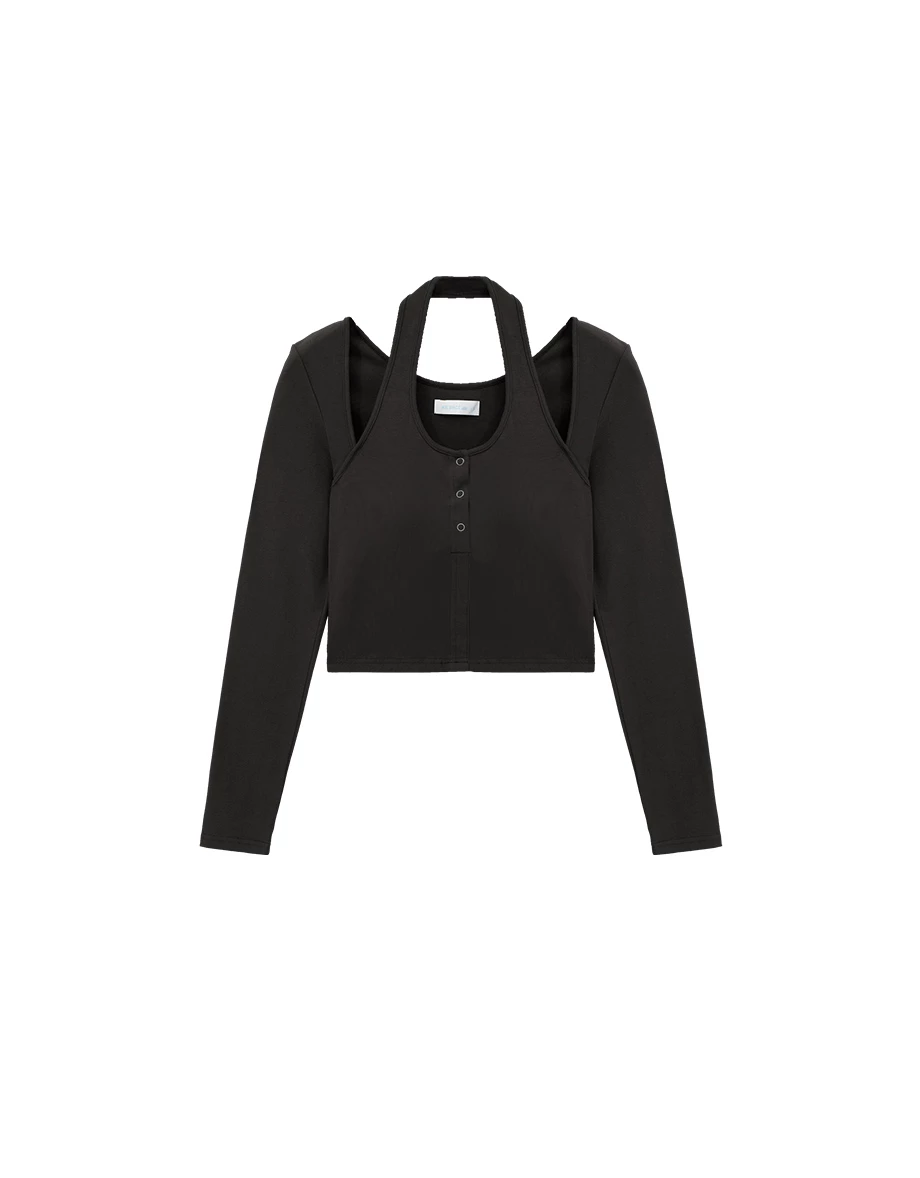 Layered Look Halter Neck Long Sleeve Padded Bra Top with Snap Buttons ...